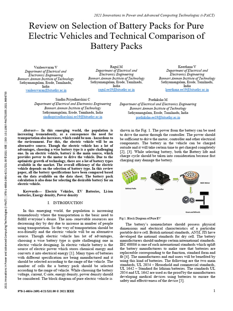 Review On Selection of Battery Packs For Pure Electric Vehicles and ...