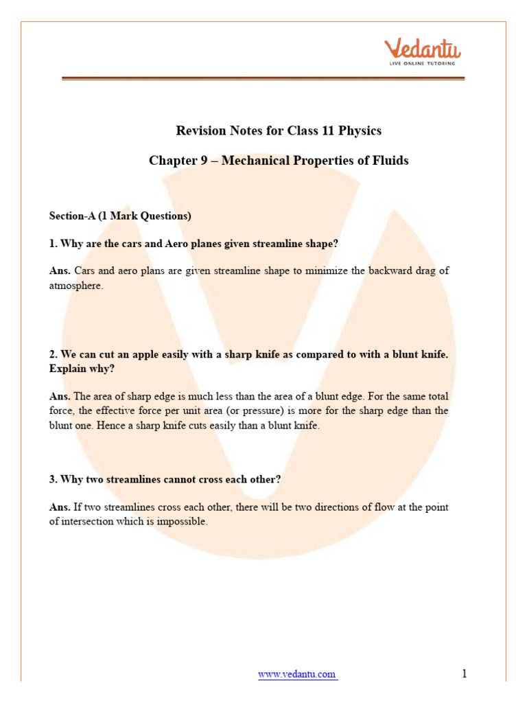 Mechanical Properties of Fluids Class 11 Notes CBSE Physics Chapter 9 ...
