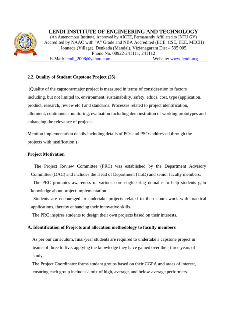 Lendi Institute of Engineering and Technology: 2.2. Quality of Student Capstone Project | PDF