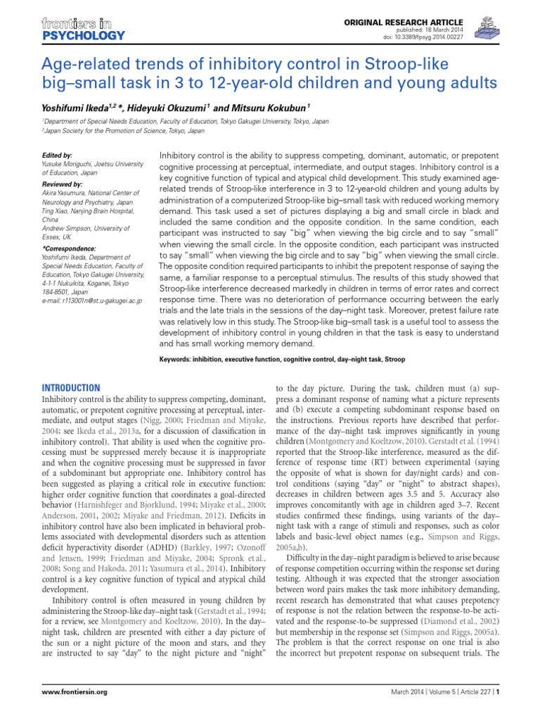 Ikeda Et Al 2014 Age-Related Trends of Inhibitory Control in Stroop-Like Big-Small Task in 3 To ...
