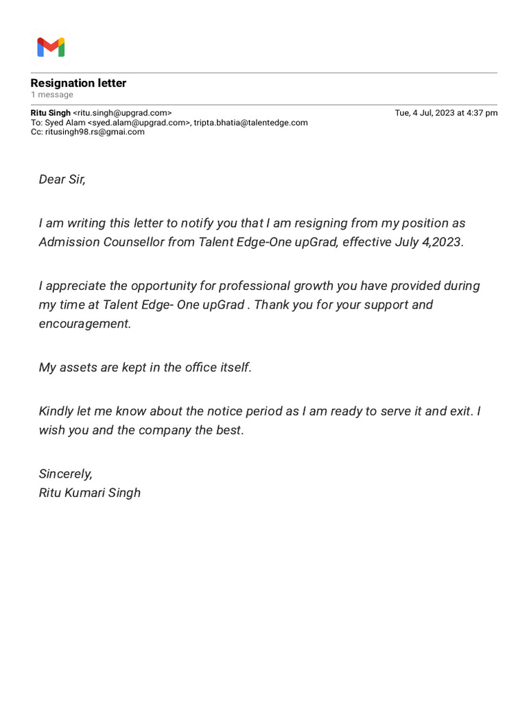 Gmail - Resignation Letter Upgrad | PDF | Career & Growth | Business