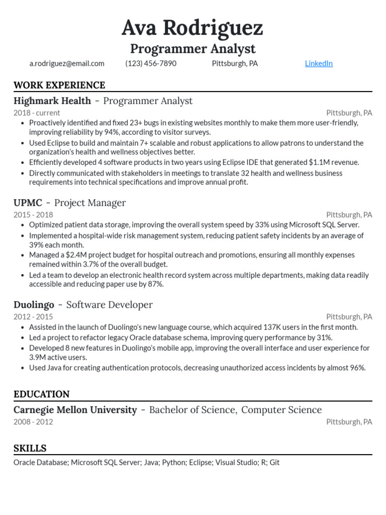 Programmer Analyst Resume Example | PDF