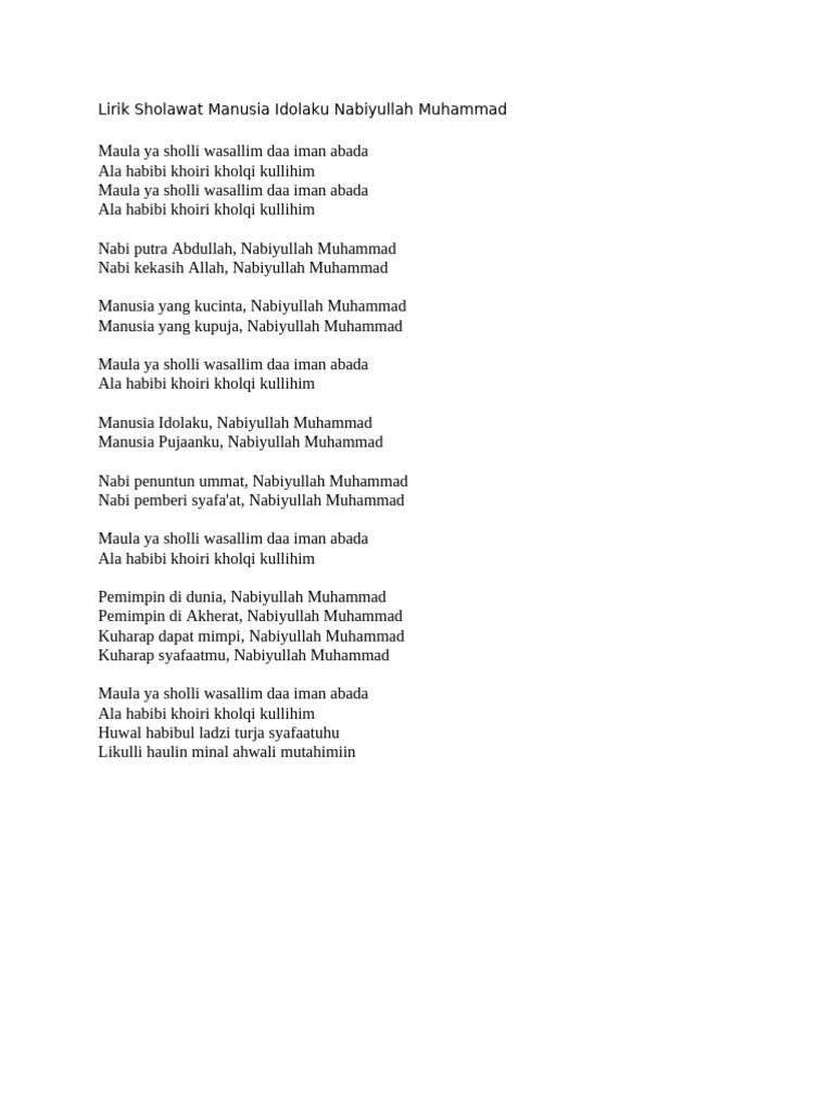 Lirik Sholawat Manusia Idolaku Nabiyullah Muhammad | PDF