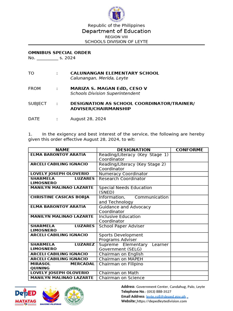Omnibus-SO-for-Designation-CALUNANGAN-ES - 8.28.24 | PDF | Reading ...