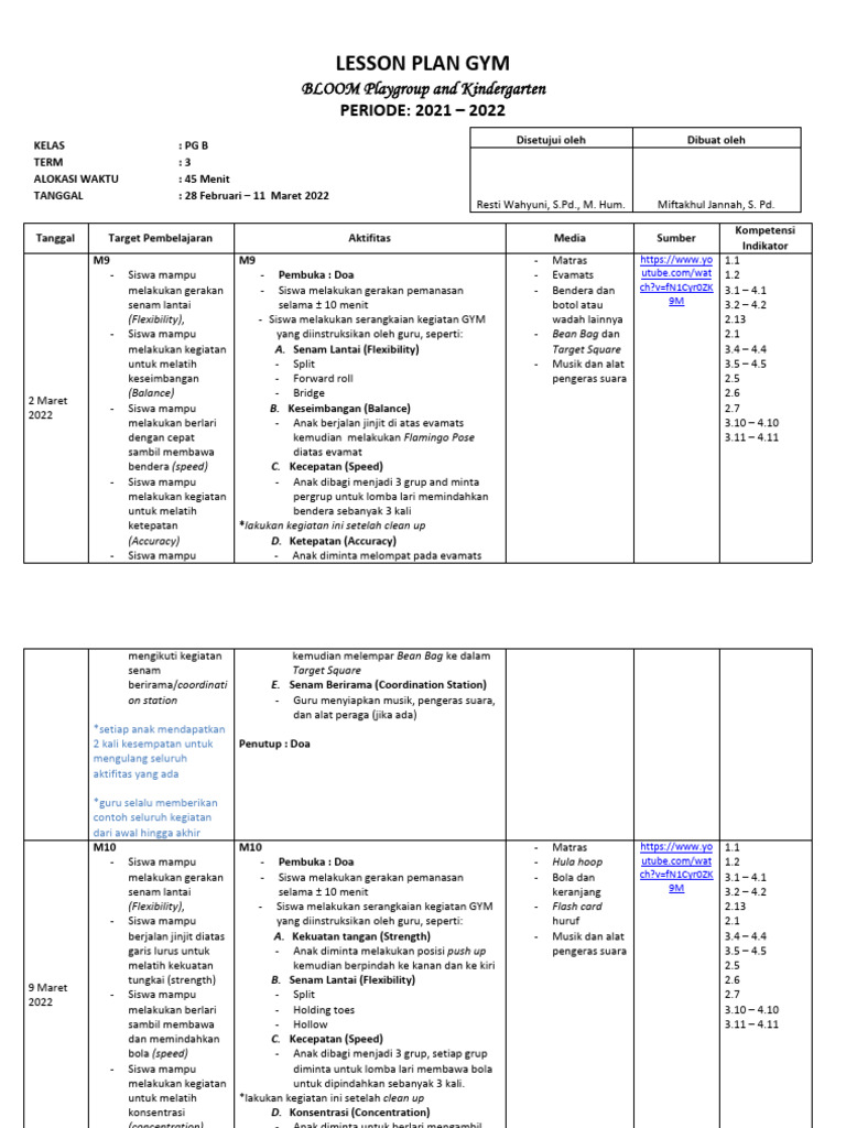 Lesson Plan PG B Gym Term 3 | PDF
