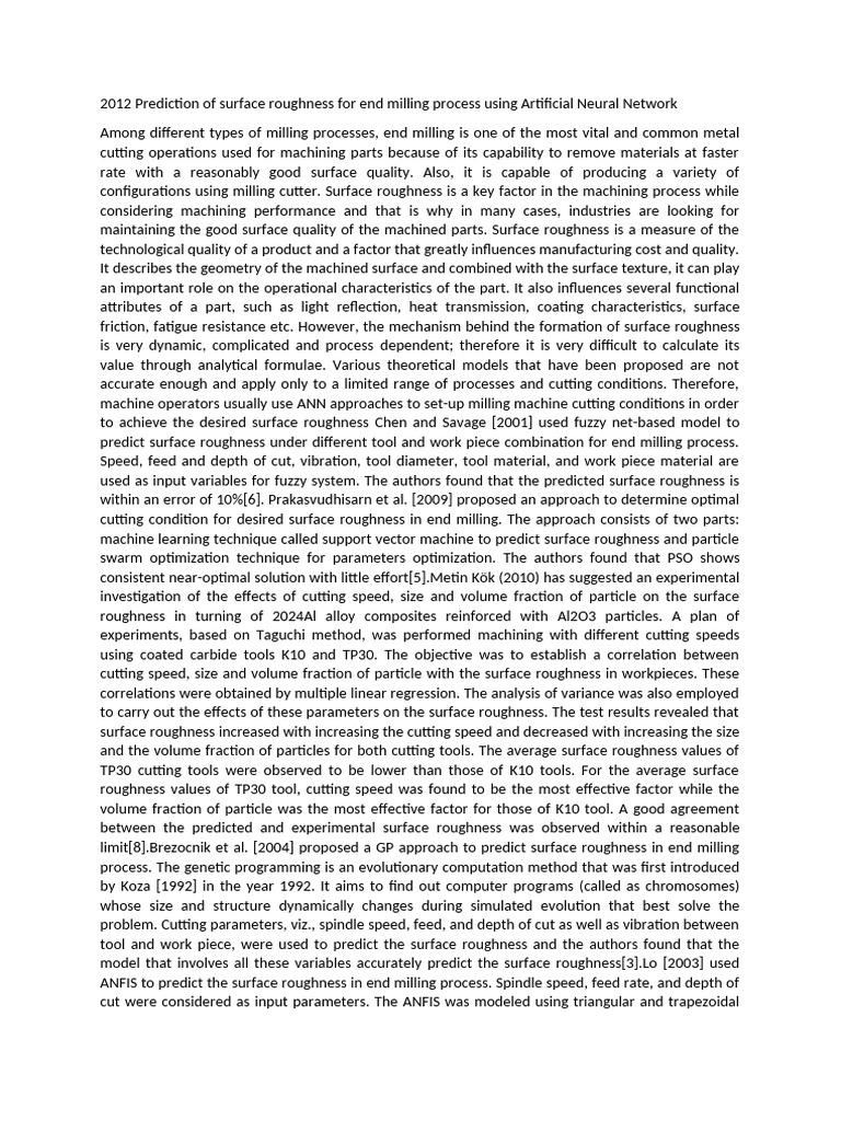 2012 Prediction Of Surface Roughness For End Milling Process Using Artificial Neural Network Pdf