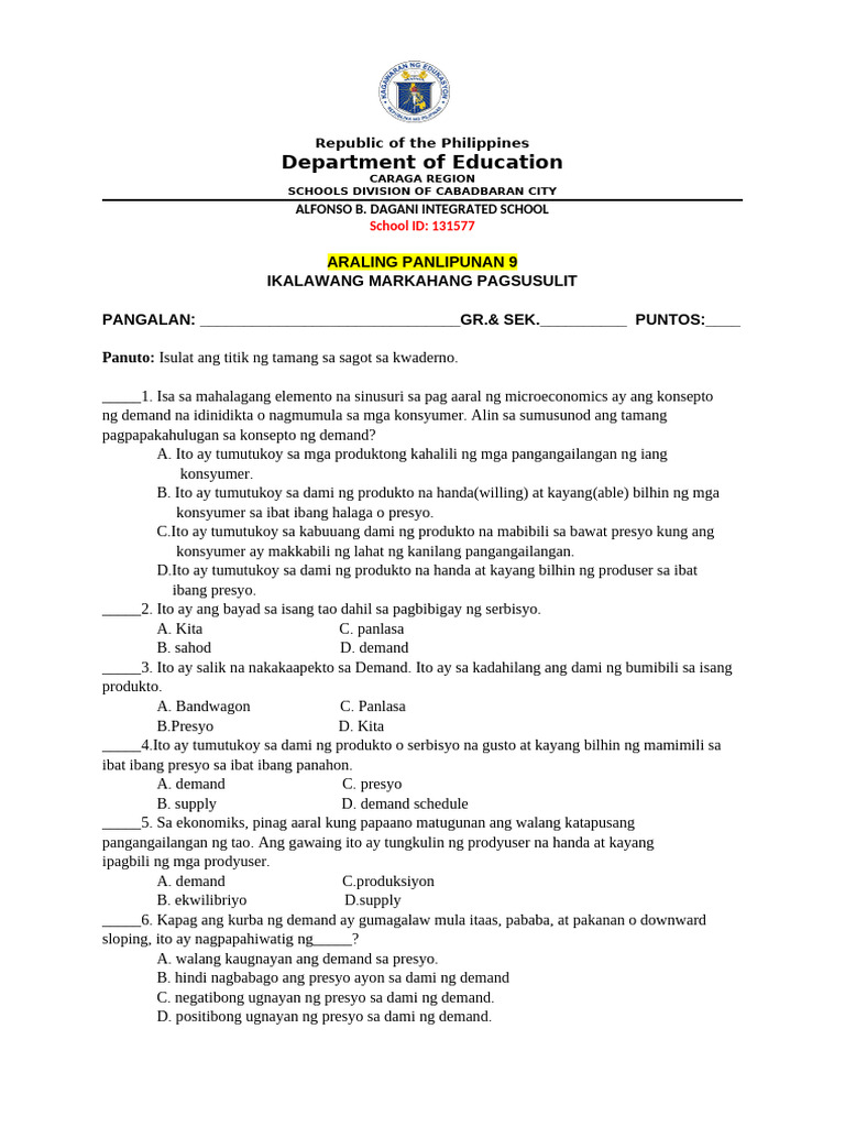 PT G9 Araling-Panlipunan | PDF