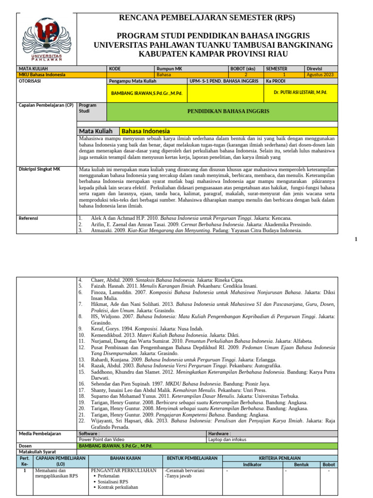 RPS B.ind - Prodi Pbing - Bambang | PDF | Linguistics | Language Varieties And Styles