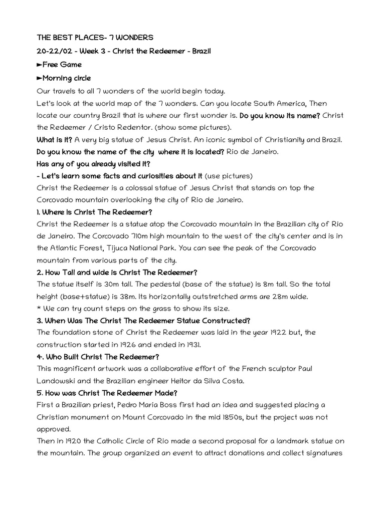 Week 3 - The 7 wonders project Christ the Redeemer | PDF