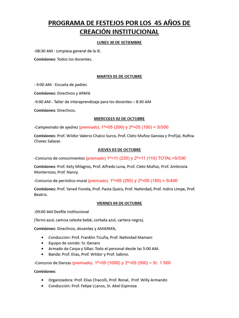 Programa de Festejos Por Los 45 Años de Creación Institucional | PDF