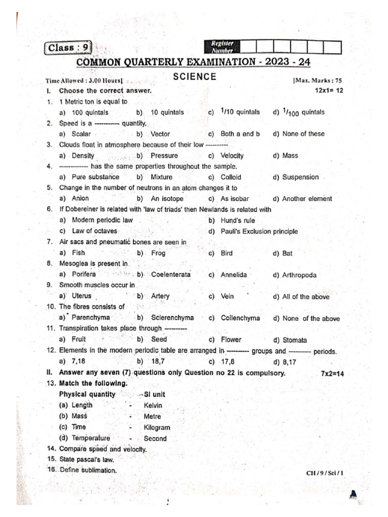 9th Science EM Quarterly Exam 2023 Original Question Paper Chennai ...
