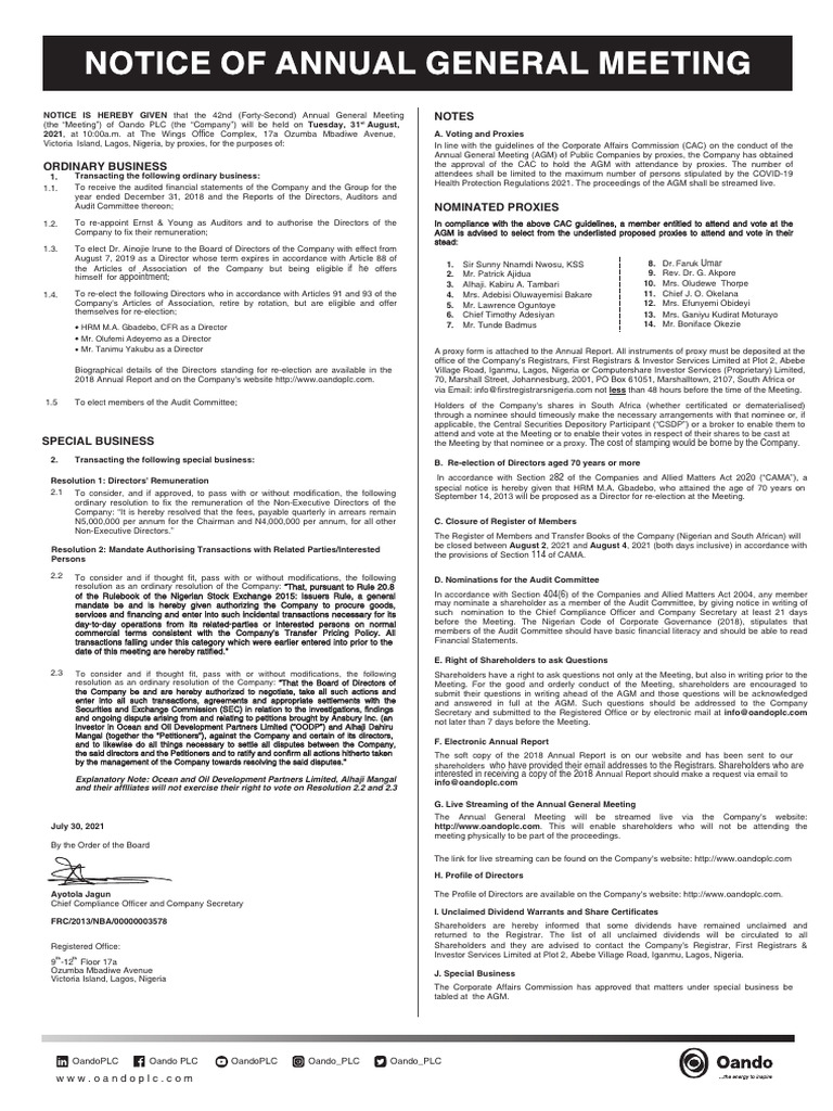 Oando PLC - 42nd Notice of AGM and Proxy (Final) | PDF | U.S ...