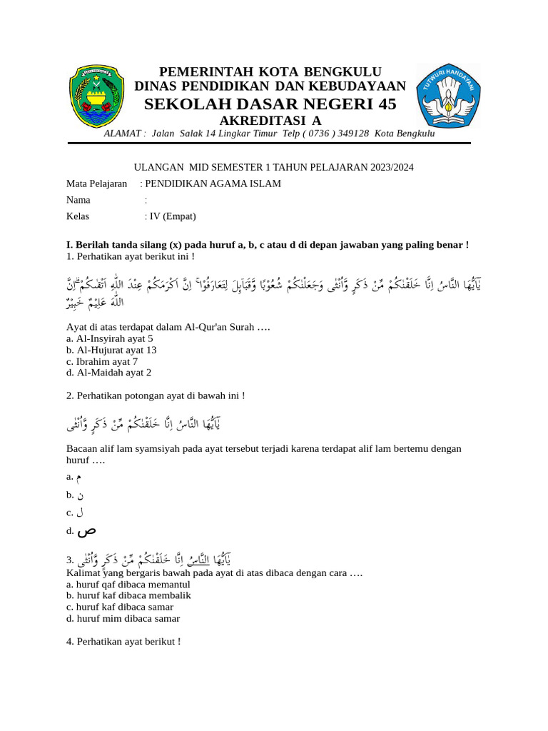 Mid Pai Kurmer Kelas 4 | PDF