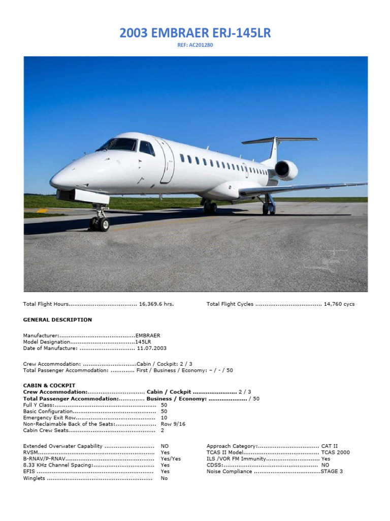 2003 Embraer ERJ-145 Ref AC201280 - Brochure - 09-04-2024 | PDF