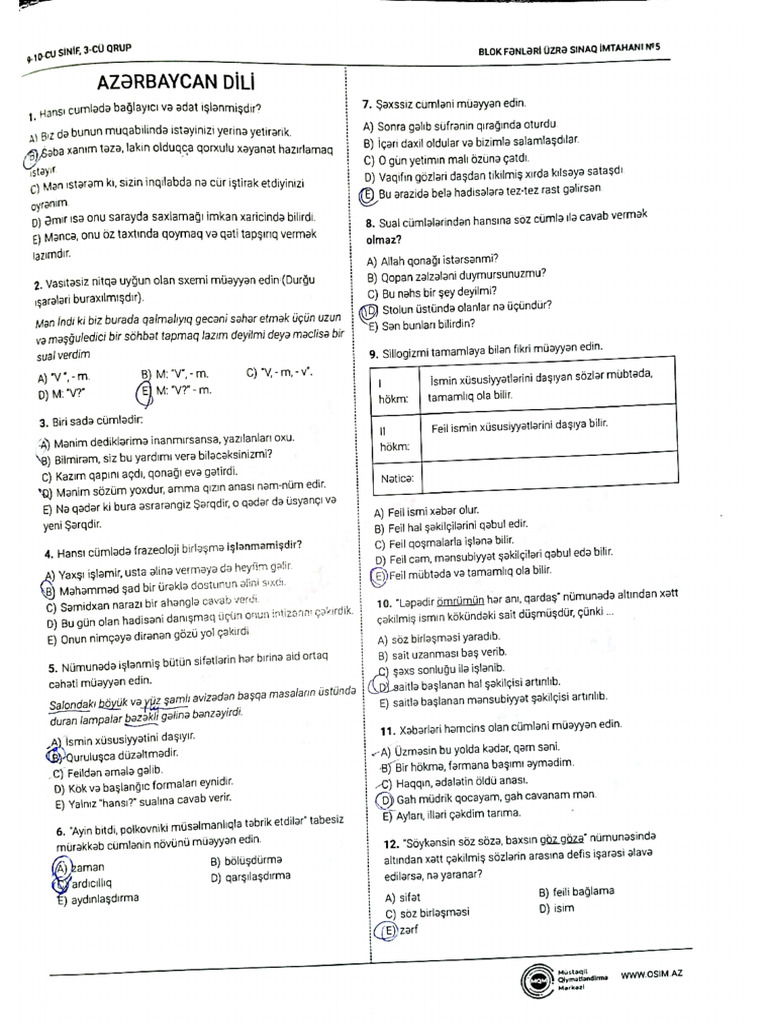 3cu Qrup, X Sinif Sınaq | PDF
