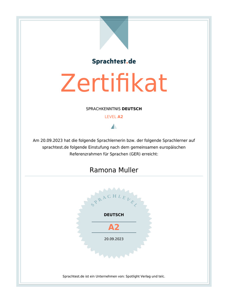 Sprachtest Certificate Deutsch Ramona Muller | PDF