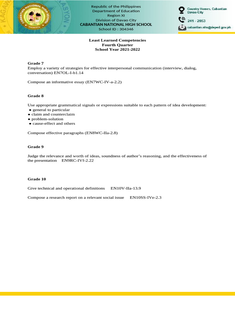 4th Quarter Least Learned Competencies | PDF