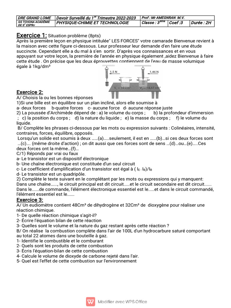 Devoir PCT 3è 22-23 Tchona | PDF