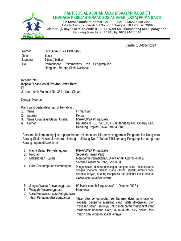 Format Permohonan Rekom & Izin | PDF
