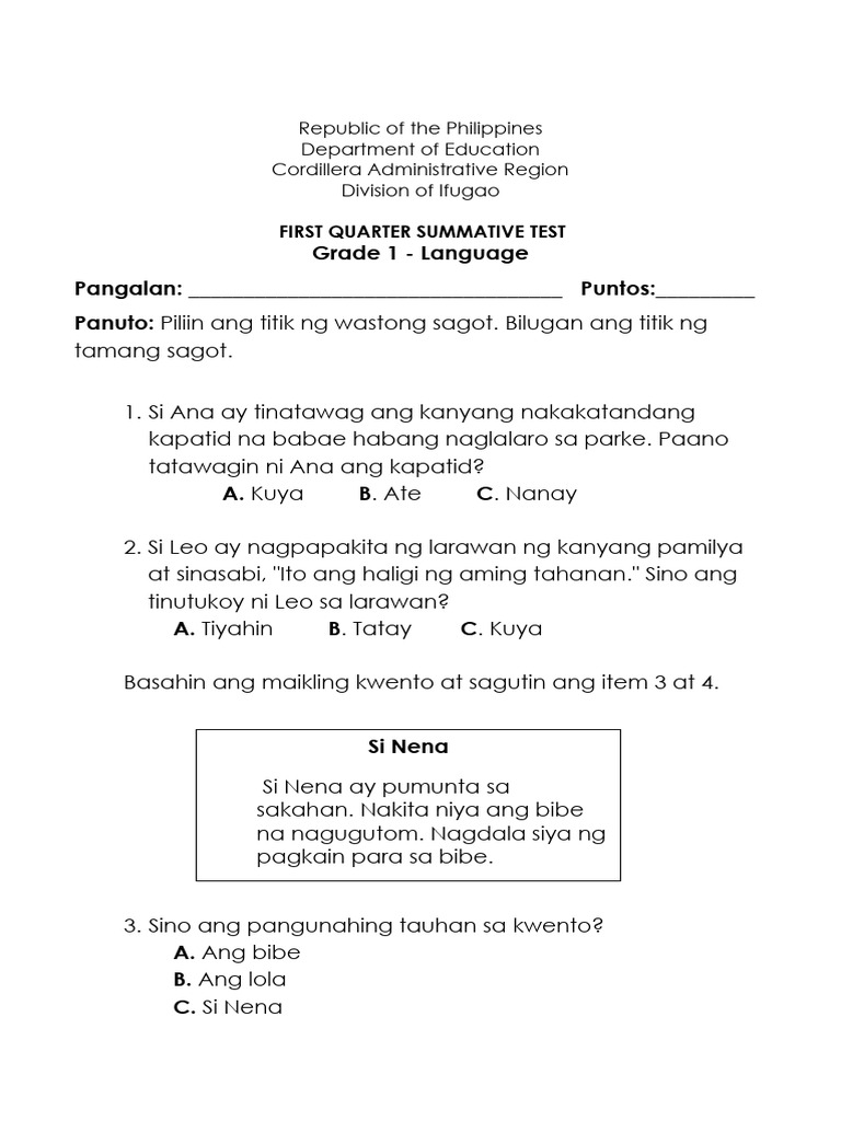 Quarter 1- Grade 1 Language Summative Test | PDF