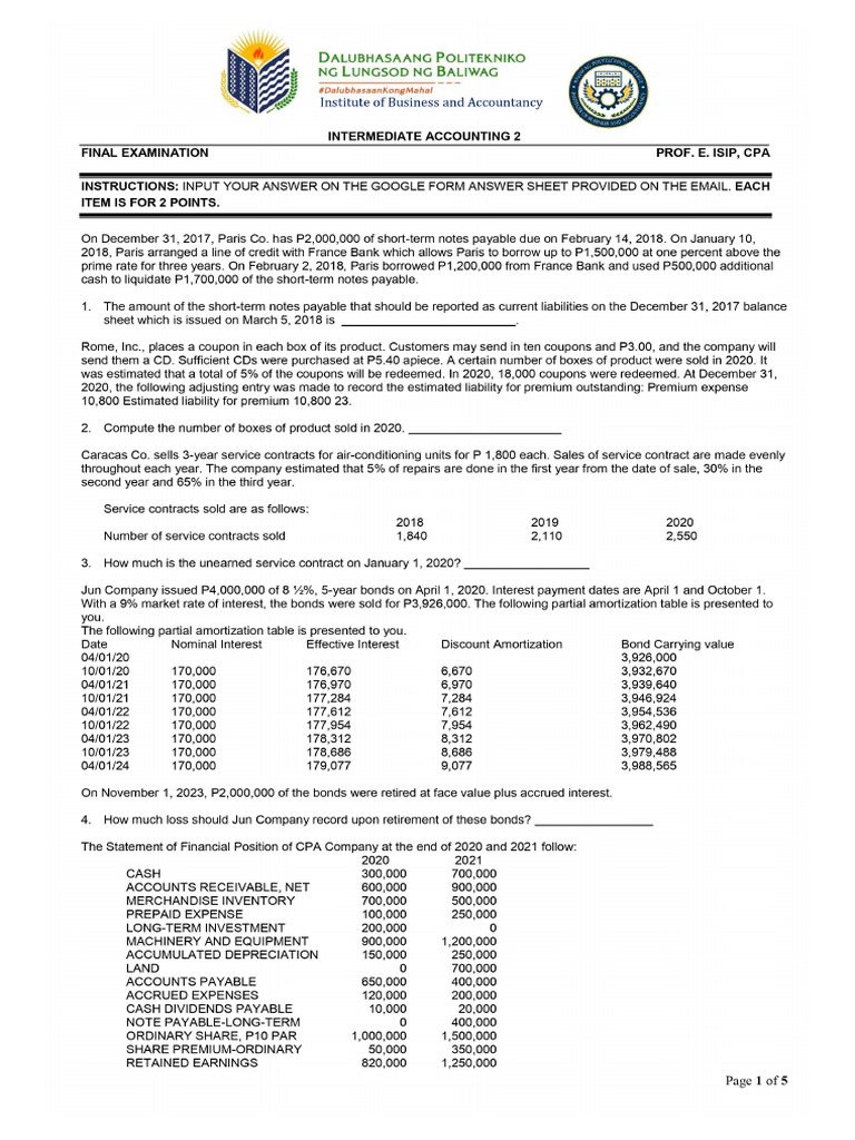 ACT 16 Intermediate Accounting 2 Final Examination | PDF