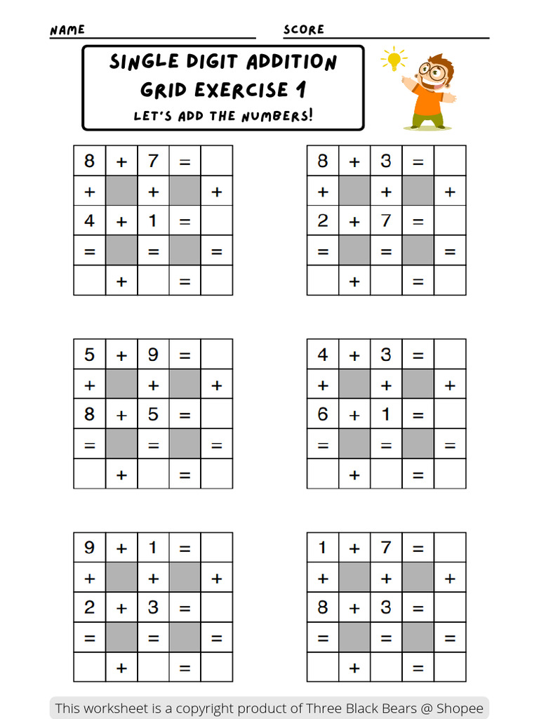 1 Digit Addition Grid | PDF