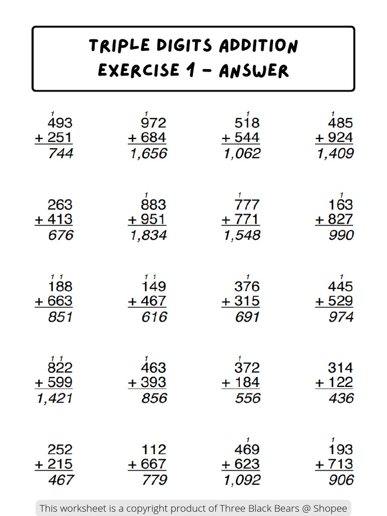 3 Digits Addition Answer | PDF