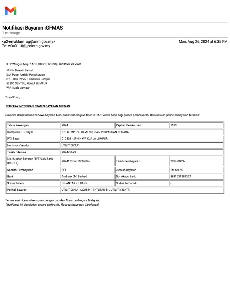 Gmail - Notifikasi Bayaran IGFMAS | PDF