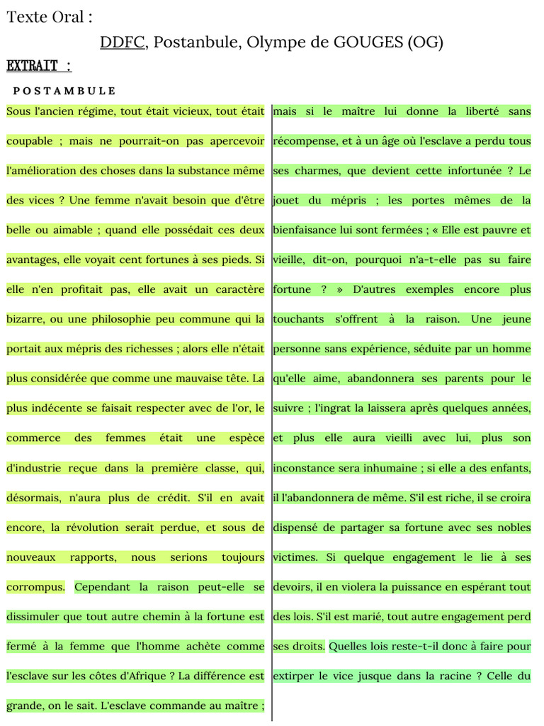 Texte Oral - Bac - Postambules - Olympe de Gouges | PDF