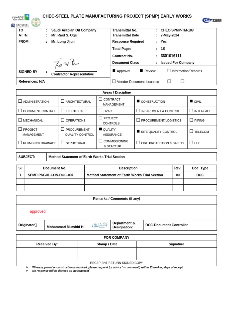 SPMP-PKG01-CON-DOC-007-MS of Earth Work Trial Section-Rev 00 RM | PDF