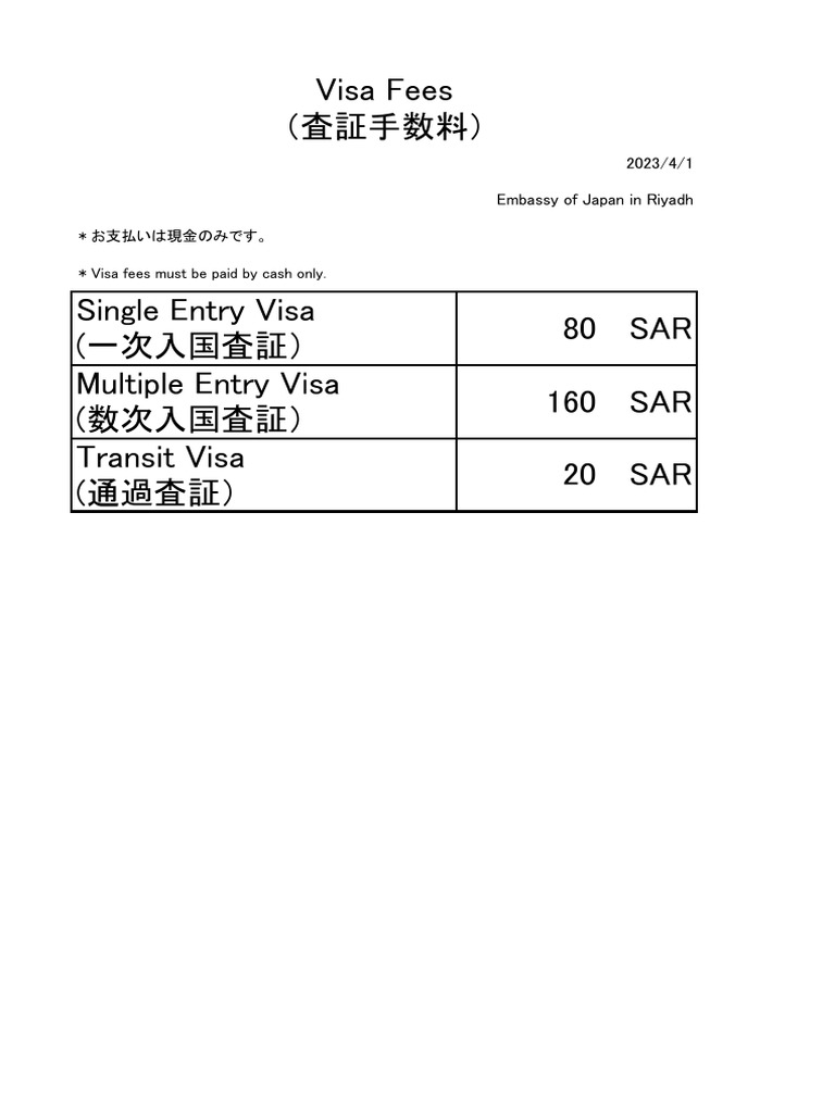 Visa Fees （査証手数料）: 2023/4/1 Embassy of Japan in Riyadh | PDF