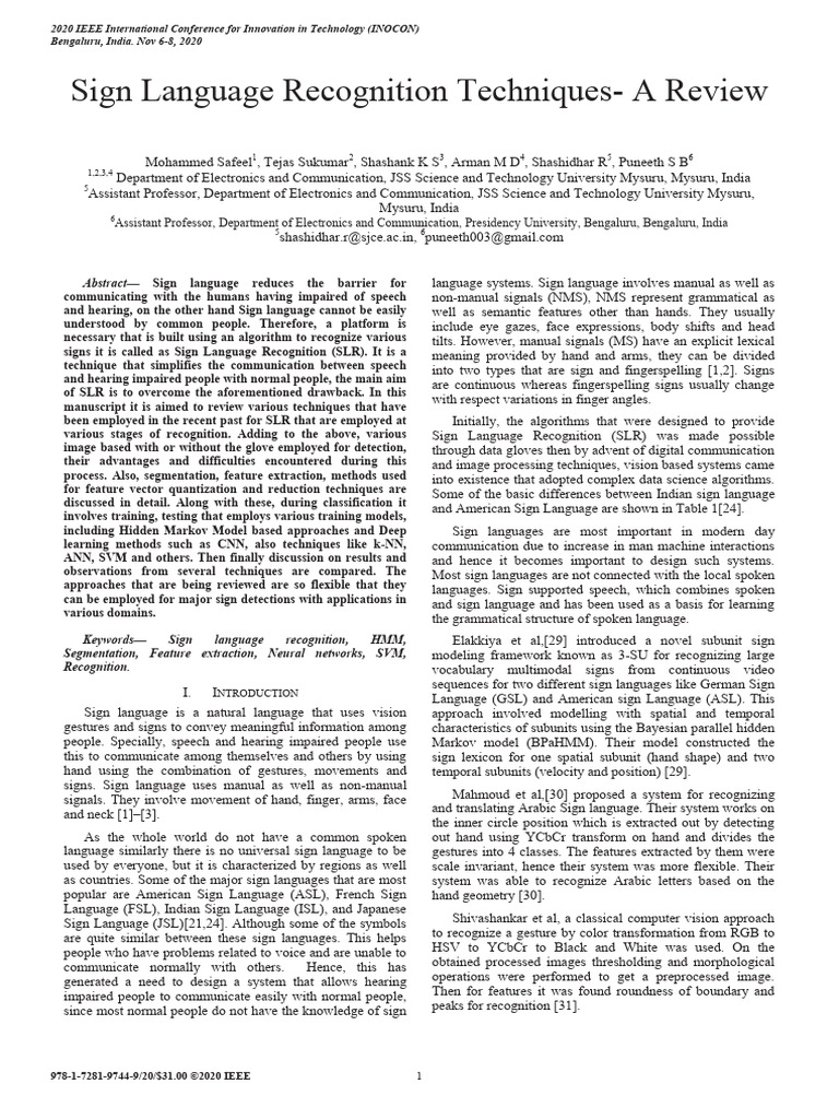 Sign Language Recognition Techniques - A Review | PDF