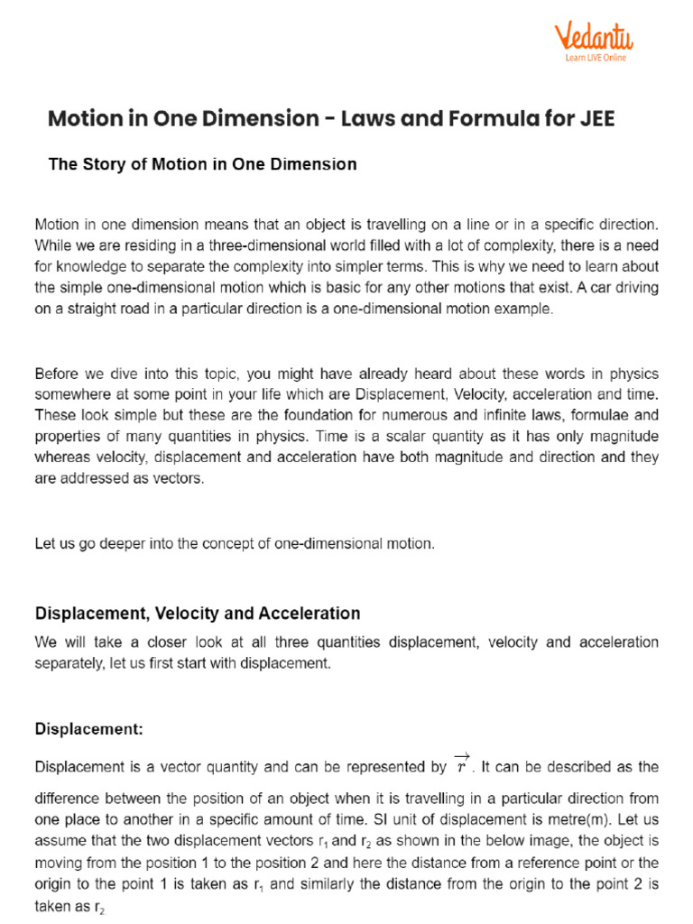 Motion in One Dimension - Laws and Formula For JEE | PDF