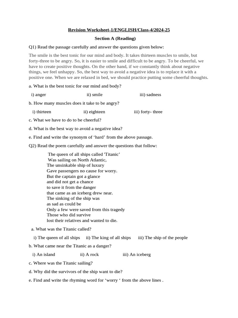 Class 4 English Revision Worksheet | PDF