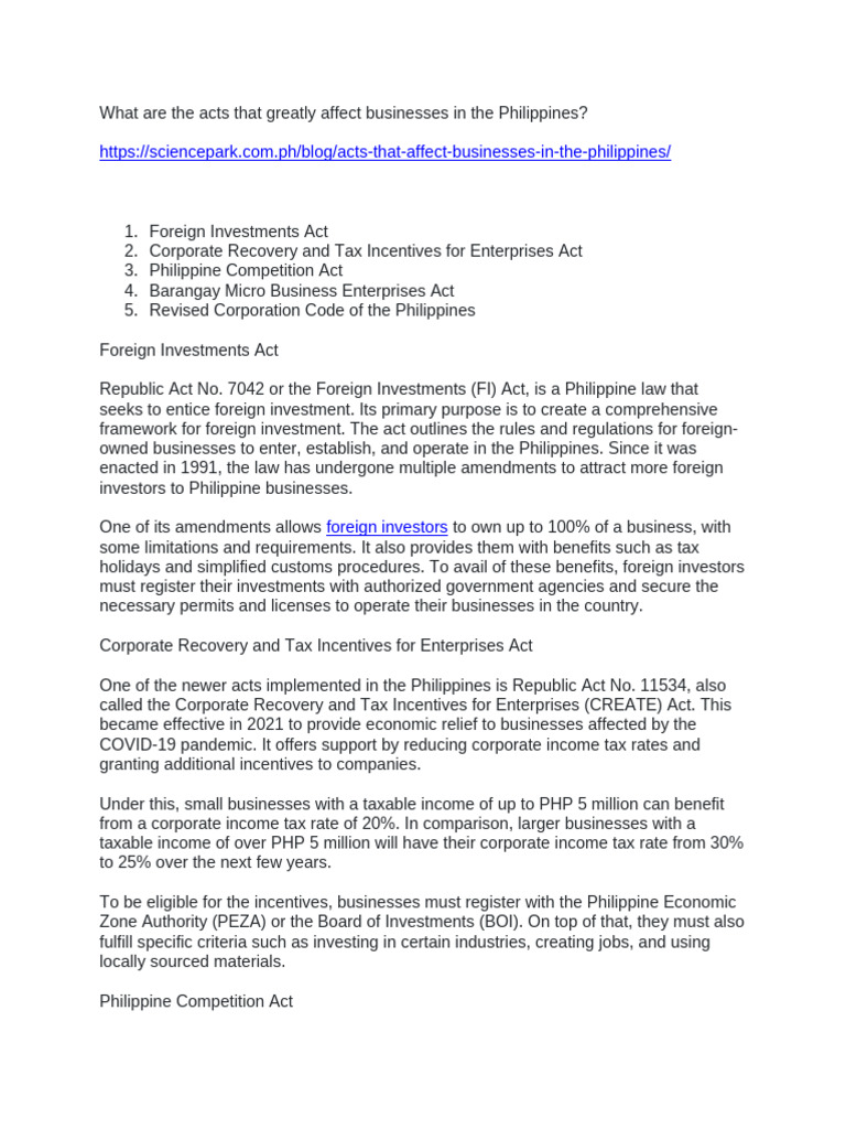 What Are The Acts That Greatly Affect Businesses in The Philippines | PDF