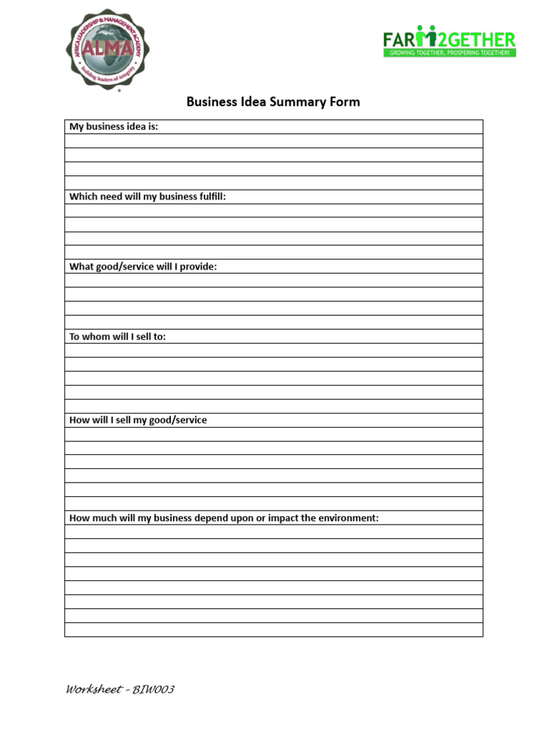 BIW003 - Business Idea Summary Form | PDF