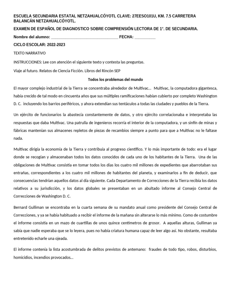 EXAMEN DE COMPRENSION LECTORA 1° | PDF