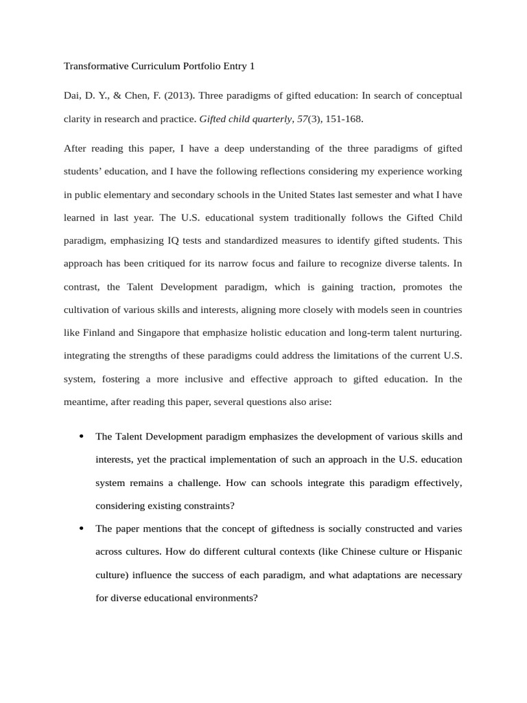 Transformative Curriculum Portfolio Entry 1 | PDF