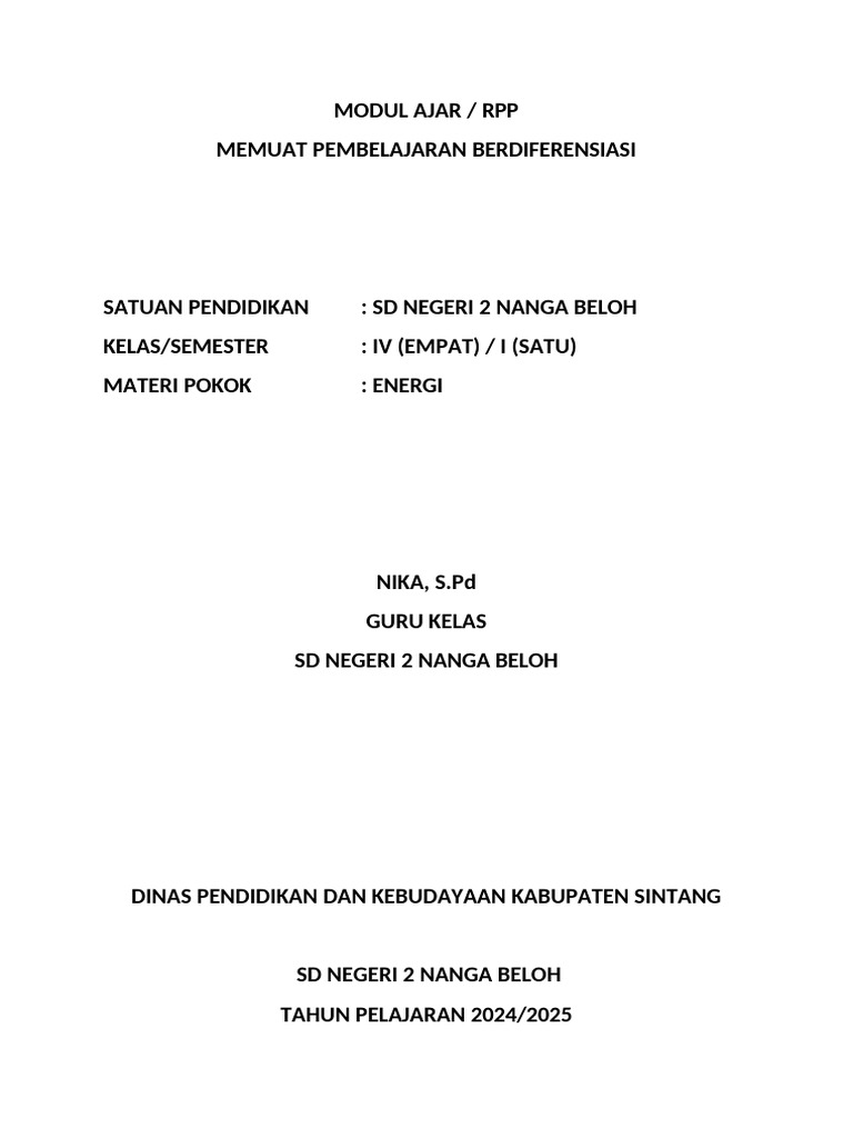 MODUL AJAR PEMBELAJARAN BERDIFERENSIASI NIKA S.PD | PDF