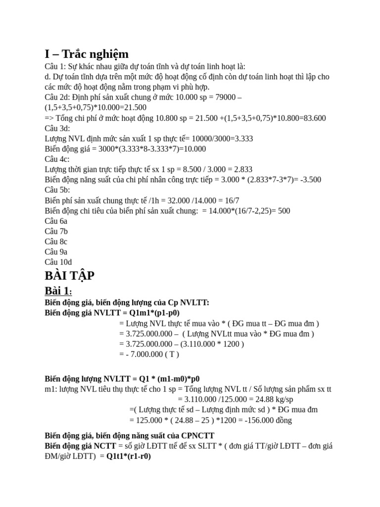 I - Trắc nghiệm:: Biến động giá, biến động lượng của Cp NVLTT: Biến động giá NVLTT = Q1m1* (p1 ...