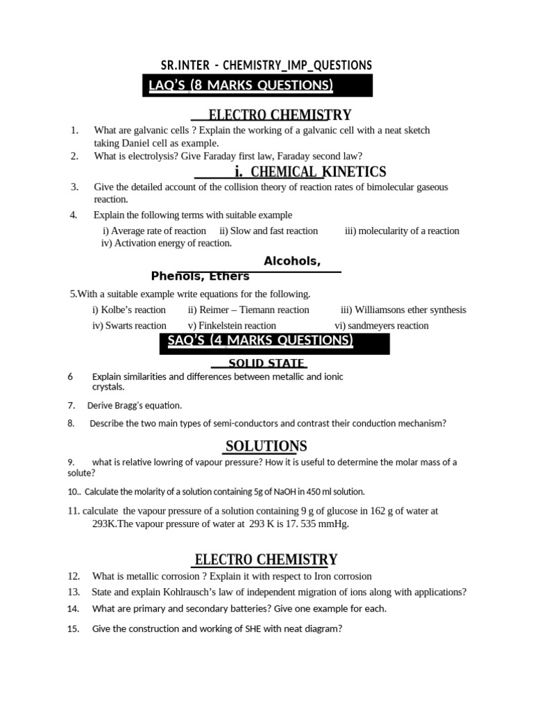 Chemistry Imp Question Mid Term - 1 Senior | PDF | Chemical Reactions ...