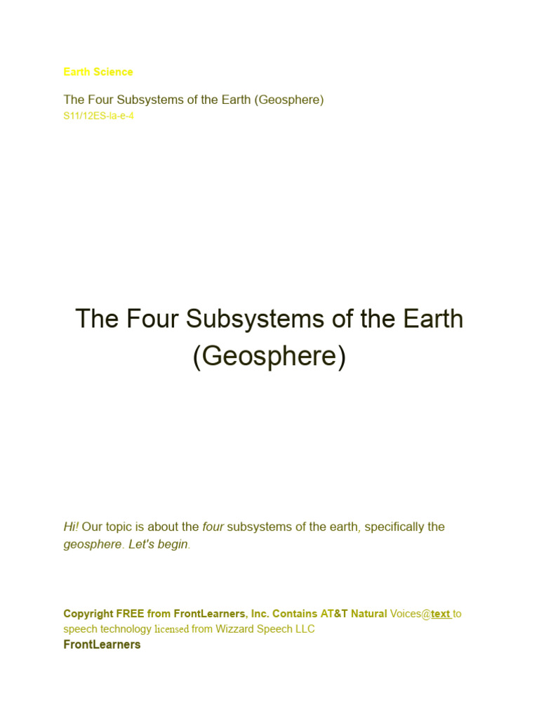 Lesson 4 - The Four Subsystems of The Earth (Geosphere) | PDF
