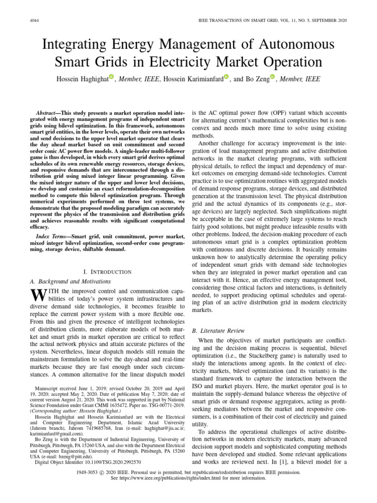 Integrating Energy Management of Autonomous Smart Grids in Electricity Market Operation | PDF