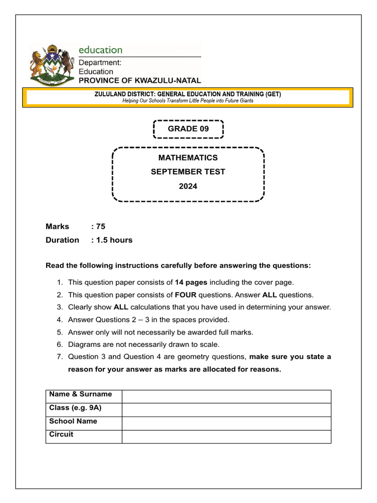 Final Mathematics Grade 9 September 2024 Test. | PDF