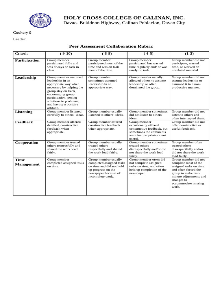 COOKERY-9-Peer-Assessment-Rubric (2) | PDF