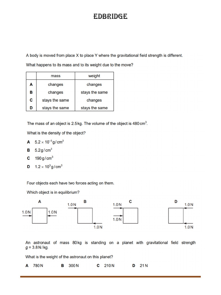 Class 9 Assignment - Forces, Mass, Weight, Density | PDF