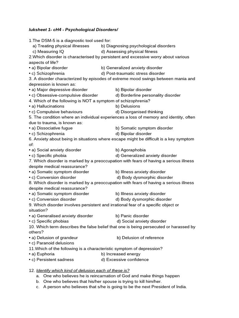 CH 4 Worksheets | PDF | Mental Disorder | Anxiety