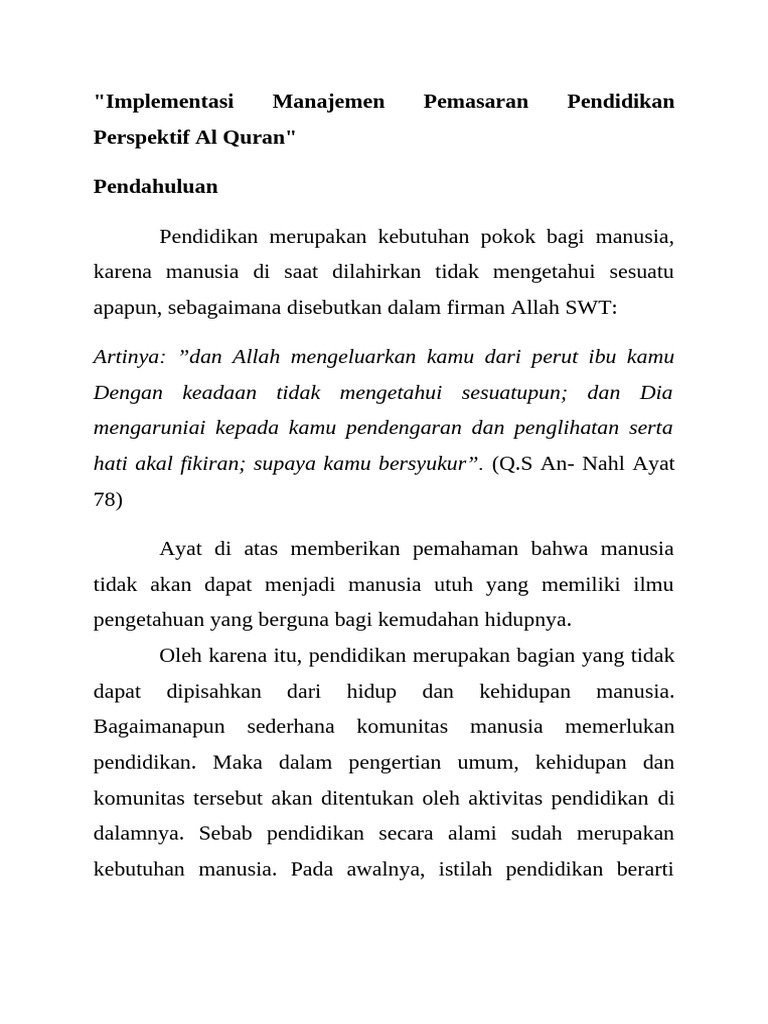 Implementasi Manajemen Pemasaran Pendidikan Perspektif Al Quran | PDF