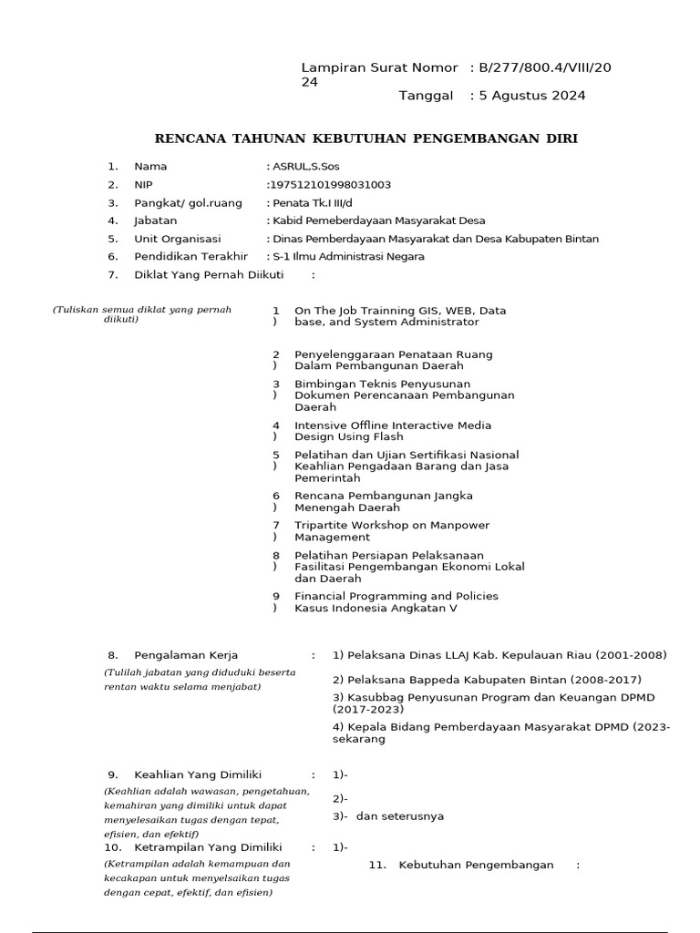 Surat Pengisian Form Pengembangan Asn | PDF
