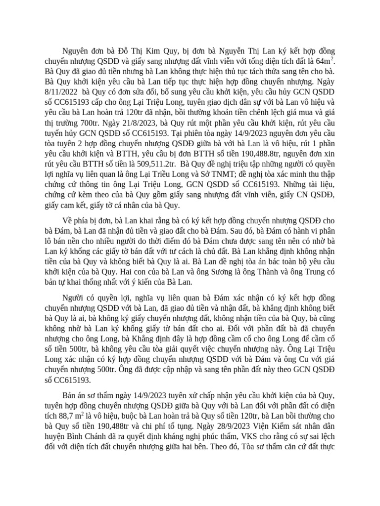Tóm tắt Tranh chấp QSDĐ (Quy-Lan) | PDF